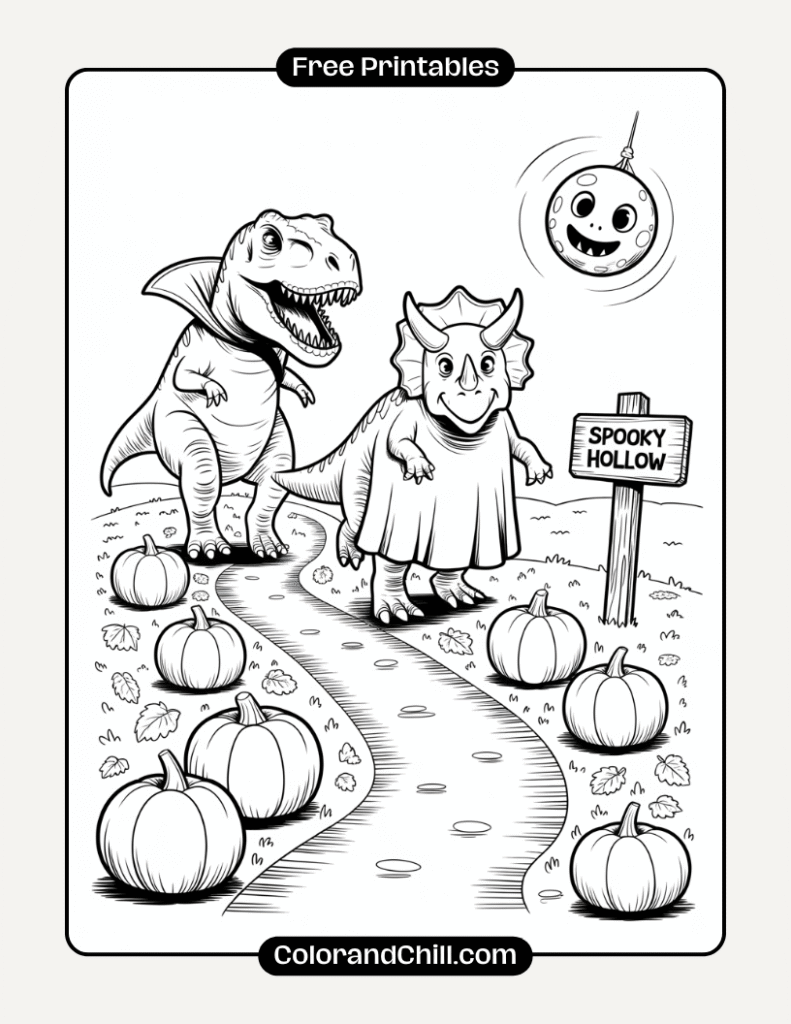 Cute Halloween Dinosaur Coloring Pages - Free PDF Printables